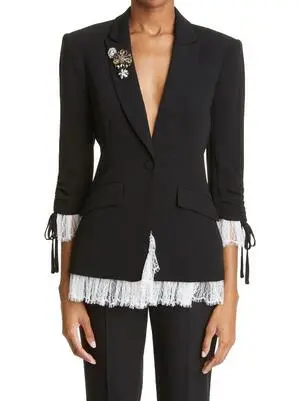 Cinq À Sept Lace-trimmed Blazer With Brooch - Black/ivory