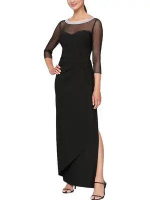 Alex Evenings Illusion Sleeve Side Ruched Gown - Black