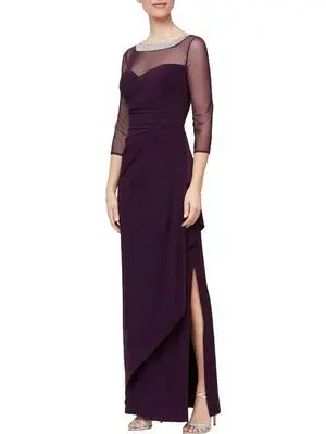 Alex Evenings Illusion Sleeve Side Ruched Gown - Eggplant