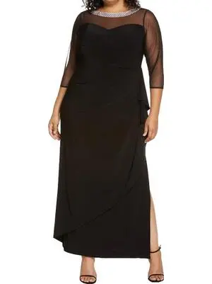 Alex Evenings Illusion Sleeve Side Ruched Gown - Black