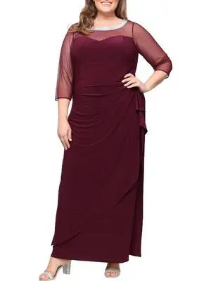 Alex Evenings Illusion Sleeve Side Ruched Gown - Fig