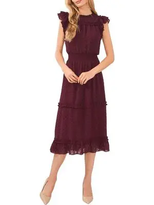CECE DUPRAZ Clip Dot Flutter Sleeve Midi Dress - Rich Cabernet