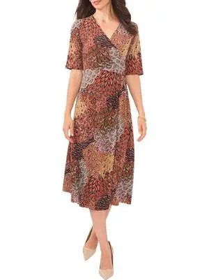 Chaus Mixed Print Faux Wrap Midi Dress - Spice