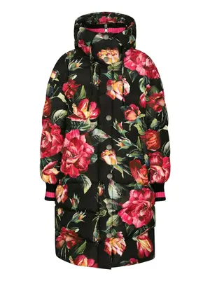 Dolce & Gabbana Long Floral-print Down Jacket - Black