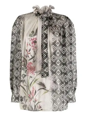 ALBERTA FERRETTI Alberta Ferretti Silk Floral & Geometric Print Frilled High Neck Blouse