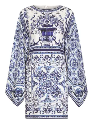 Dolce & Gabbana Majolica-print Batwing-sleeve Minidress - Blue