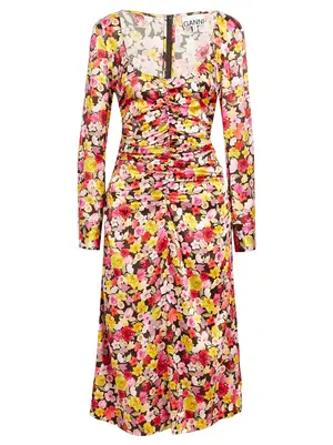 GANNI Ruched Floral-print Midi Dress - Multicolor