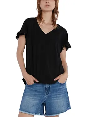 BILLY T Ruffled V-Neck Tee Black