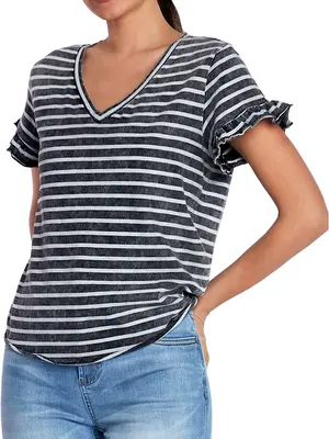 BILLY T Ruffled V-neck Tee - Washed Black Stripes