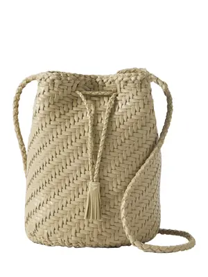 Dragon Diffusion Pompom Double Jump Woven Leather Bucket Bag Cream