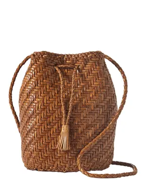Dragon Diffusion Pompom Double Jump Woven Leather Bucket Bag Tan