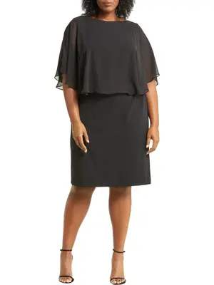 CONNECTED APPAREL Connected Apparel Cape Sleeve A-Line Dress Black