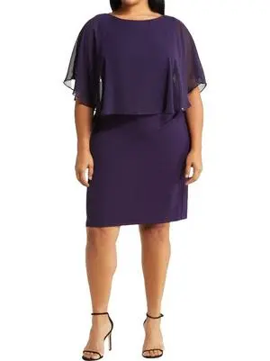 CONNECTED APPAREL Connected Apparel Cape Sleeve A-Line Dress Eggplant