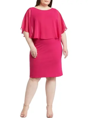 CONNECTED APPAREL Connected Apparel Cape Sleeve A-Line Dress Fuschia