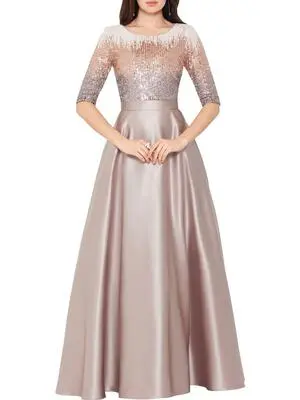 Betsy & Adam Sequin Bodice Satin Ballgown - Mocha