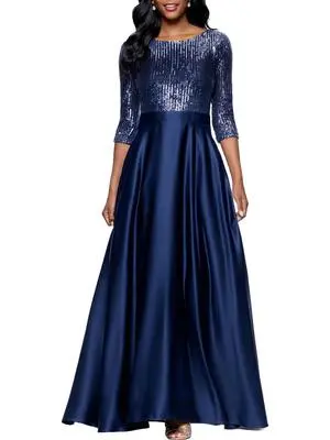 Betsy & Adam Betsy & Adam Sequin Bodice Satin Ballgown Navy