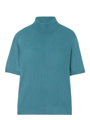 Loro Piana Dolcevita Ribbed Cashmere Turtleneck Top - Blue