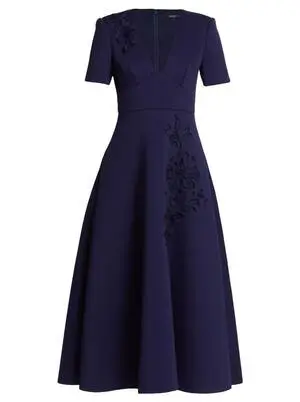 Badgley Mischka Laser-cut Floral Fit-&-flare Dress - Navy