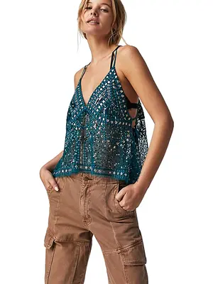 Free People Sequin Embellished Tank Top Deep Teal