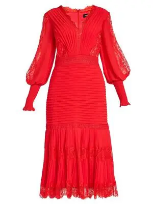 Tadashi Shoji Lace Balloon-sleeve Midi-dress - Cherry