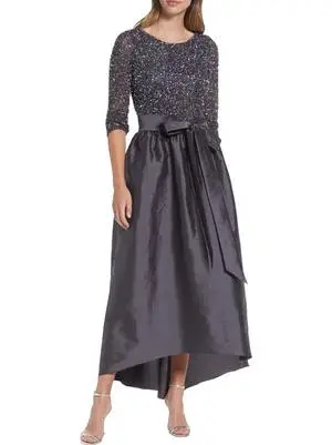 Pisarro Nights Pisarro Nights Beaded Bodice Taffeta A-Line Gown Grey