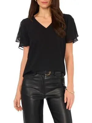 Vince Camuto V-neck Tulip Sleeve Chiffon Top - Rich Black