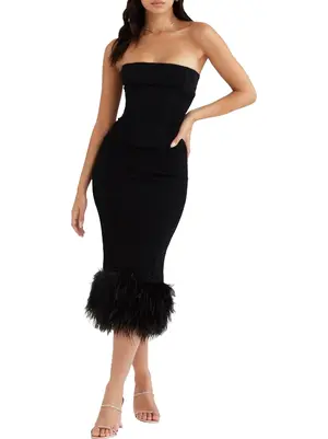 House Of Cb Fionula Feather Hem Midi Dress - Black