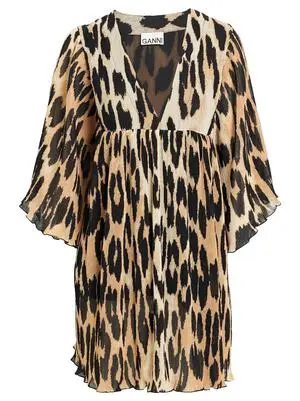 GANNI Leopard Print Plissé Crepe De Chine Mini Dress - Black