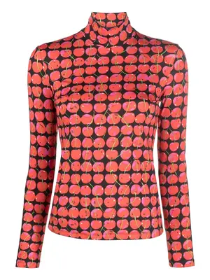 La DoubleJ Cherry-print Turtleneck Top - Black