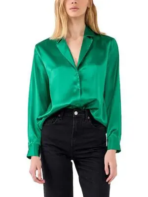 Endless Rose Satin Button-up Blouse - Green