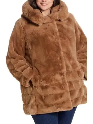 Gallery Gallery Hooded Faux Fur Coat Camel