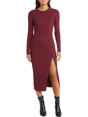 OPEN EDIT Open Edit Button Sweater Midi Dress Burgundy London
