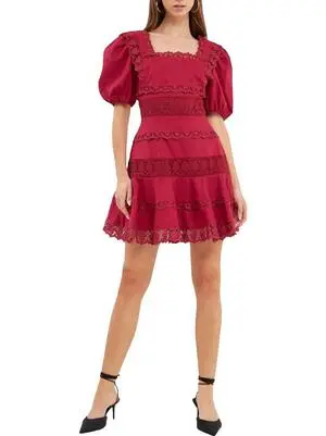 Endless Rose Lace Trim Puff Sleeve Mini Dress - Berry