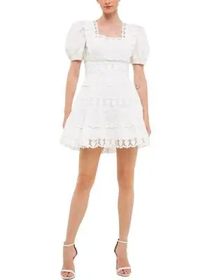 Endless Rose Lace Trim Puff Sleeve Mini Dress - White