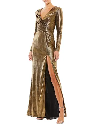 Mac Duggal Women's Metallic Long-Sleeve Asymmetrical Ruched Gown - Gold  Gold-3