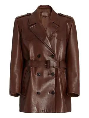 Prada Double-breasted Leather Jacket - Brown