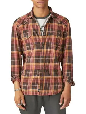 Lucky Brand Plaid Cotton Stretch Flannel Snap-up Western Shirt - Brown/red