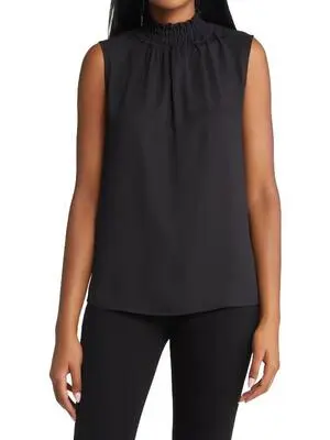 Ming Wang Smocked Mock Neck Blouse - Black