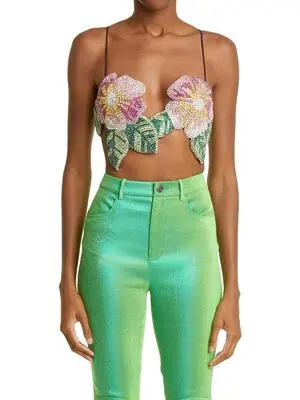AREA Embroidered Crystal Flower Crop Top - Multi