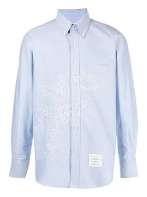 Thom Browne Floral-embroidered Long-sleeve Shirt - Blue