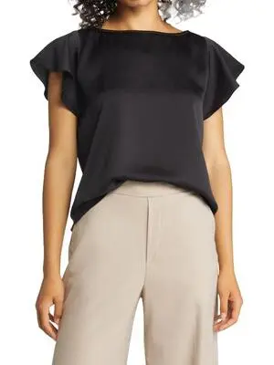 Nordstrom Ruffle Sleeve Blend Satin Top - Black