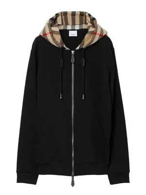 Burberry Check Hood Cotton Zip Hoodie - Black/archive Beige