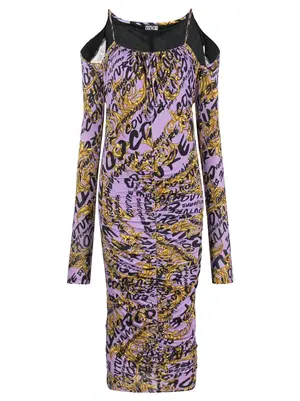 Versace All-over Logo-print Gathered Midi Dress - Purple