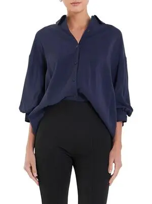 English Factory English Factory Balloon Sleeve Button-Up Shirt Navy