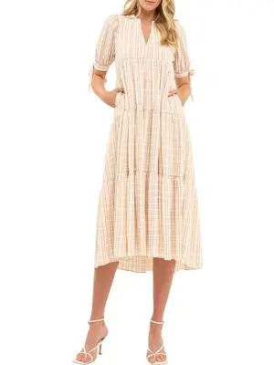 English Factory Plaid Tiered Midi Dress - Ivory Multi