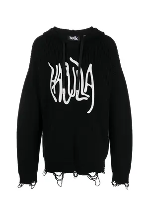 HACULLA. Logo-print Distressed Knitted Hoodie - Blue