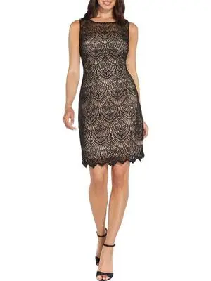 Adrianna Papell Scallop Guipure Lace Sheath Dress - Black/bisque