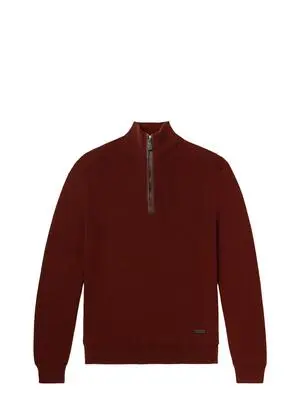 Loro Piana Leather-trimmed Ribbed Wool Half-zip Sweatshirt - Burgundy