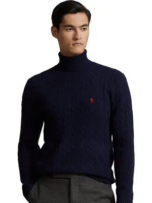 Ralph Lauren Cable Wool-Cashmere Turtleneck Sweater Hunter Navy