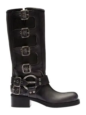 Miu Miu Buckled Leather Mid-calf Boots - Black